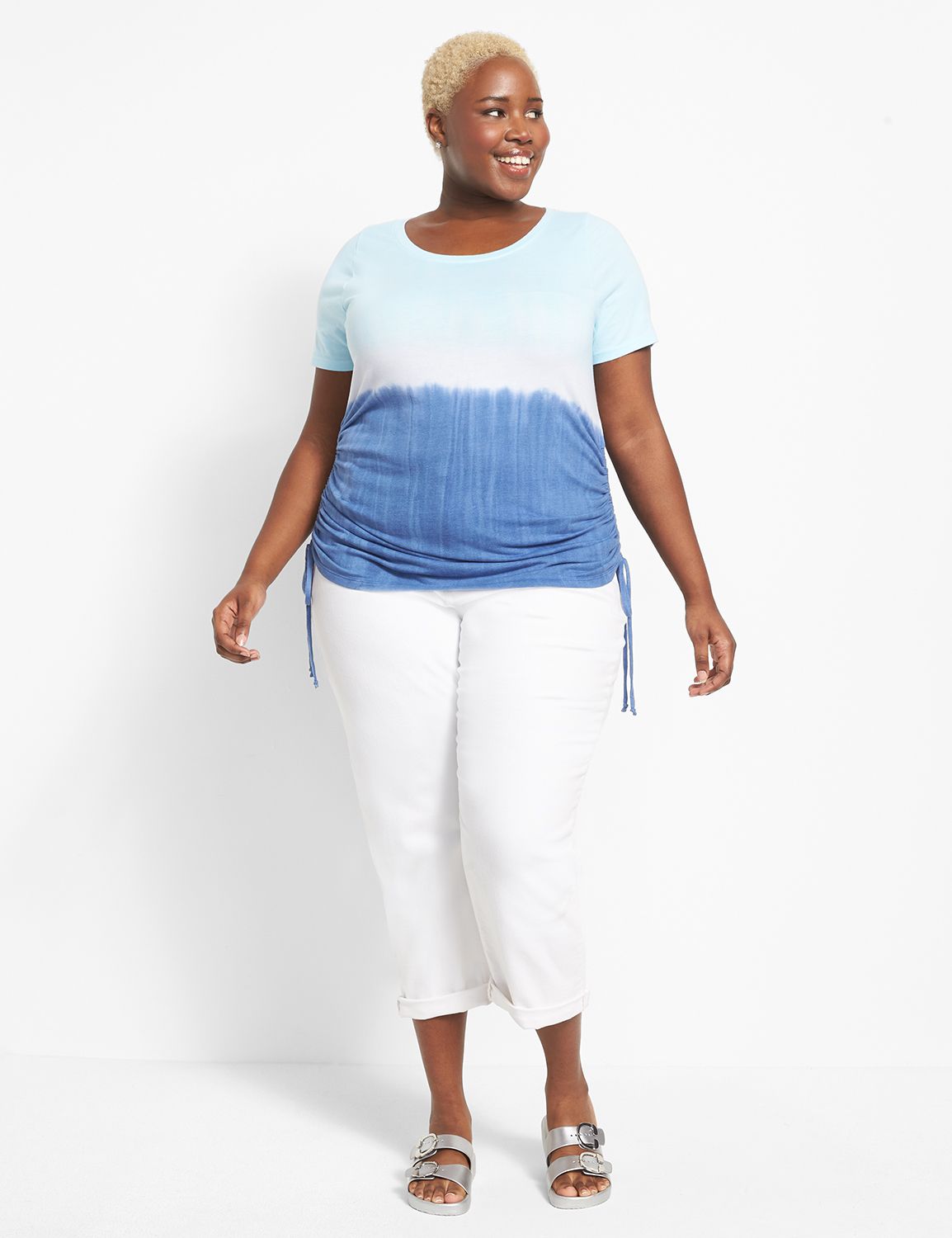 Short Sleeve Open Crew Neck Side Ru | LaneBryant