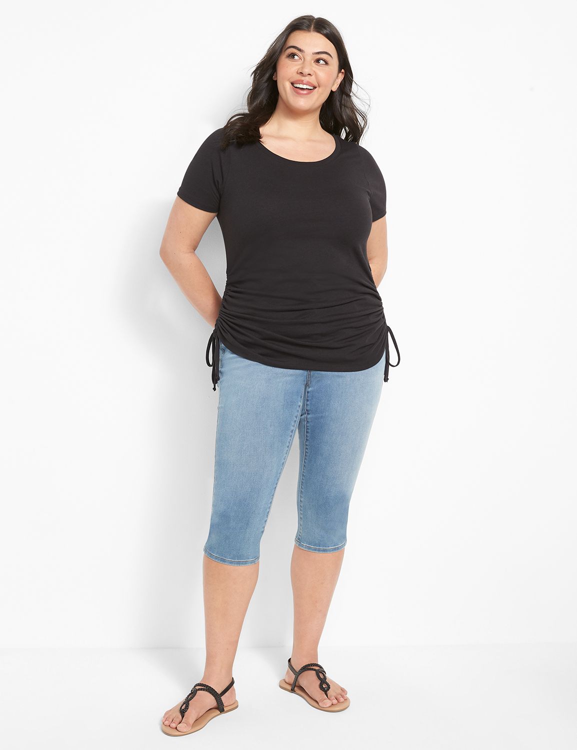 Short Sleeve Open Crew Neck Side Ru | LaneBryant
