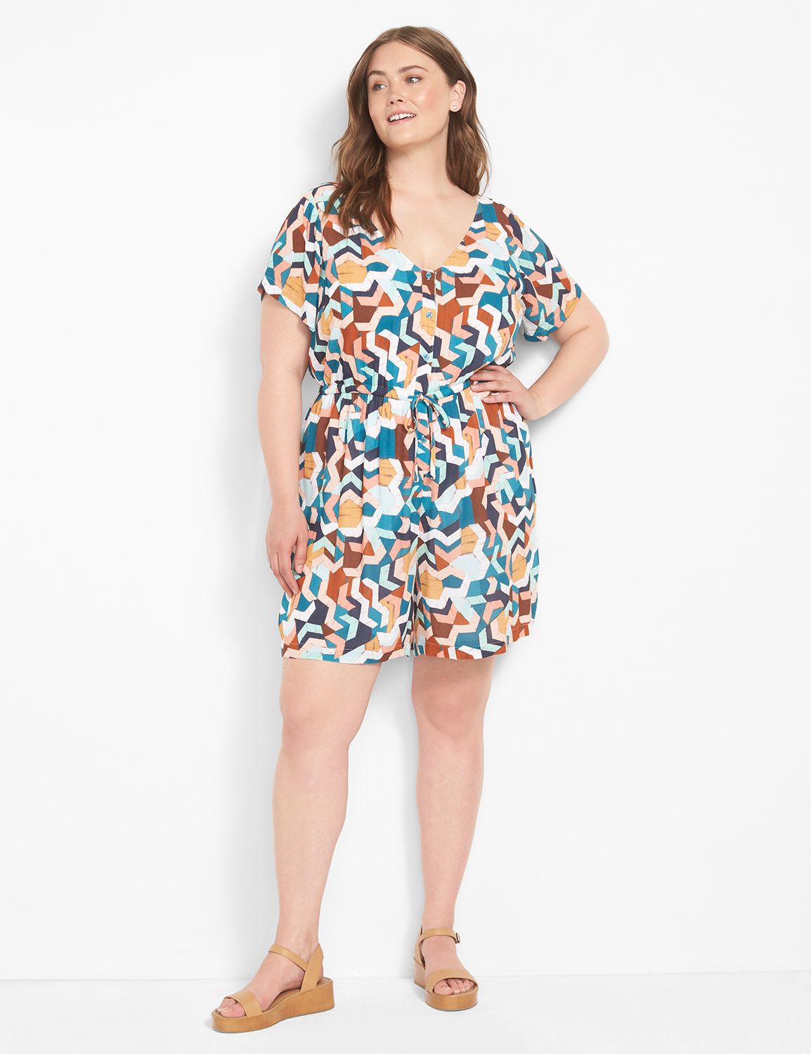 Button-Front Romper - Geometric Print