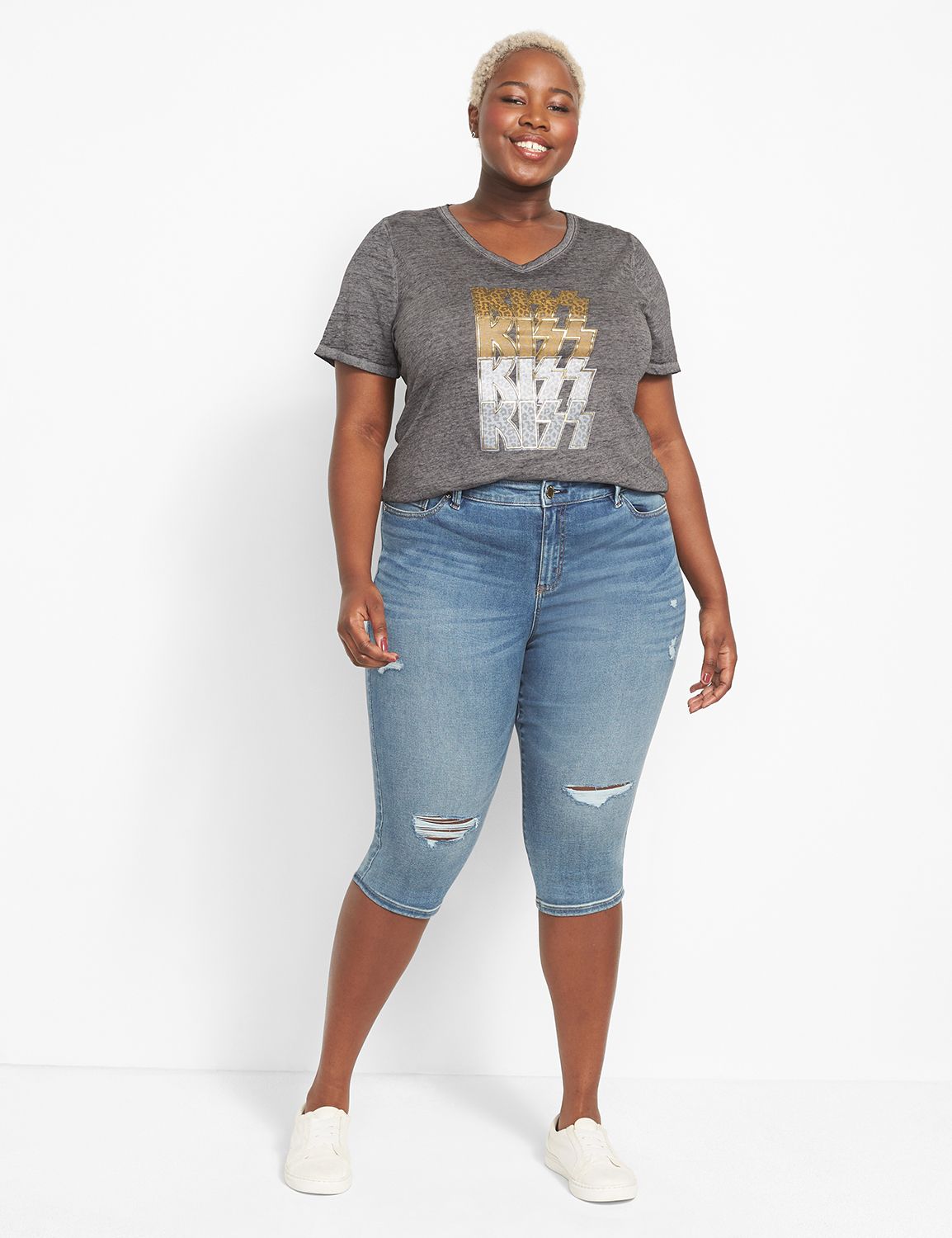 SS V-Neck Straight Hem Tee Graphic