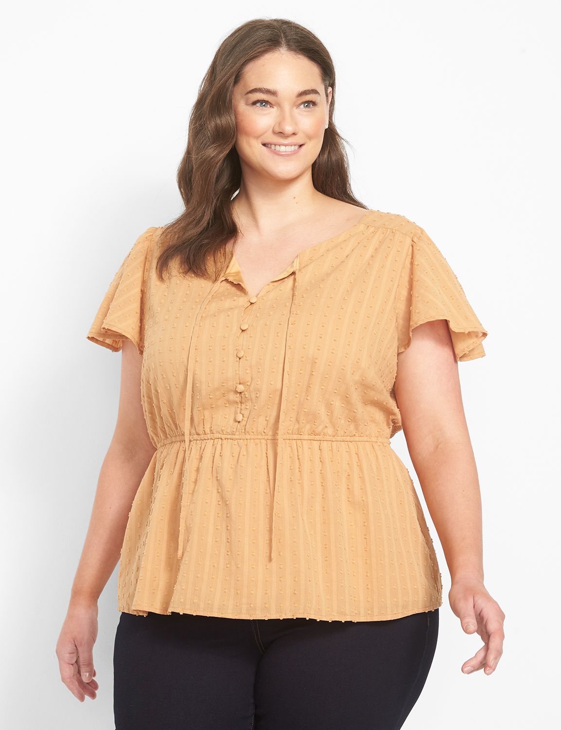 Short Sleeve Split Neck Button Down | LaneBryant