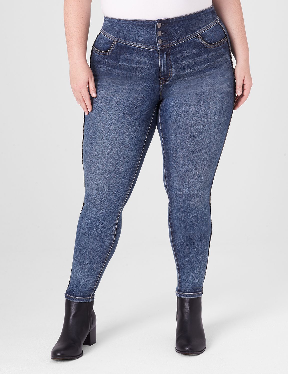 High-Rise 3-Button Jegging - Dark Wash With Piping Detail | LaneBryant
