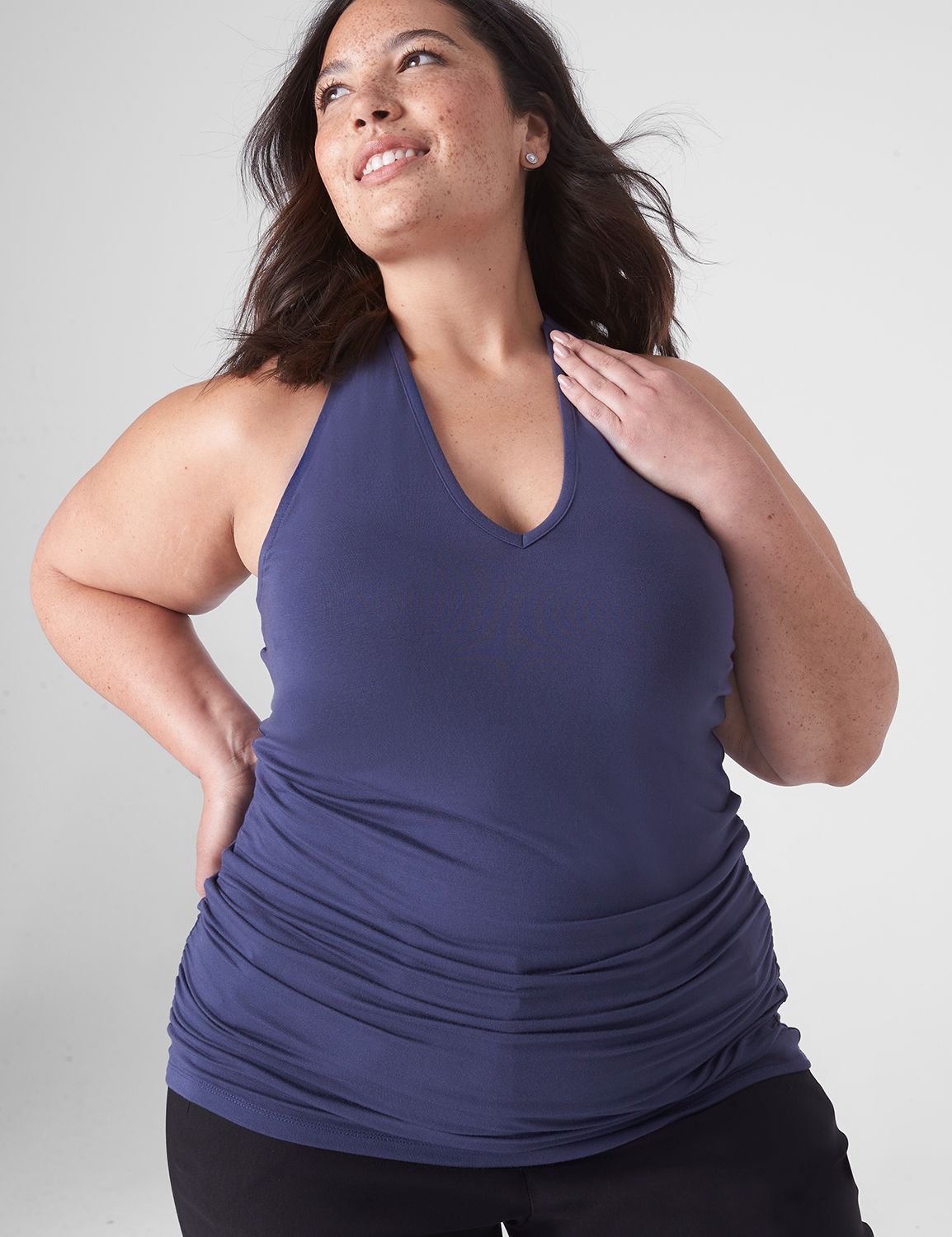 Sleeveless V Neck Side Ruch Halter