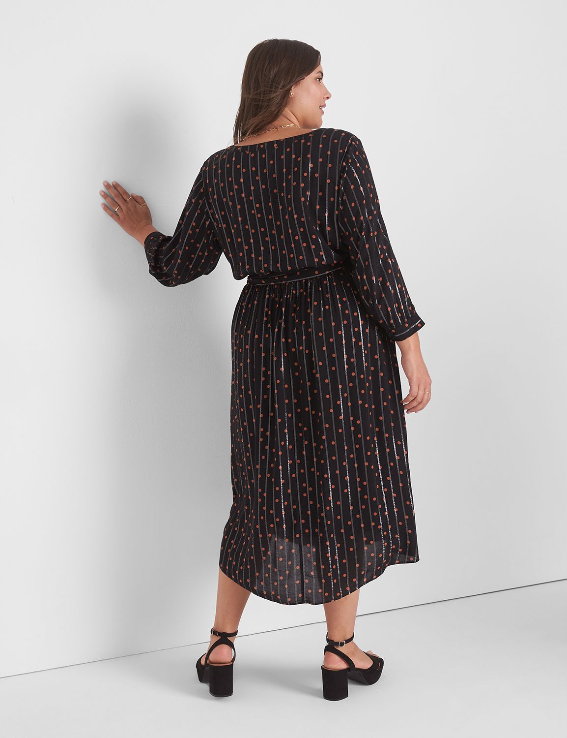 3/4-Sleeve Notch-Neck Shirttail-Hem Dress