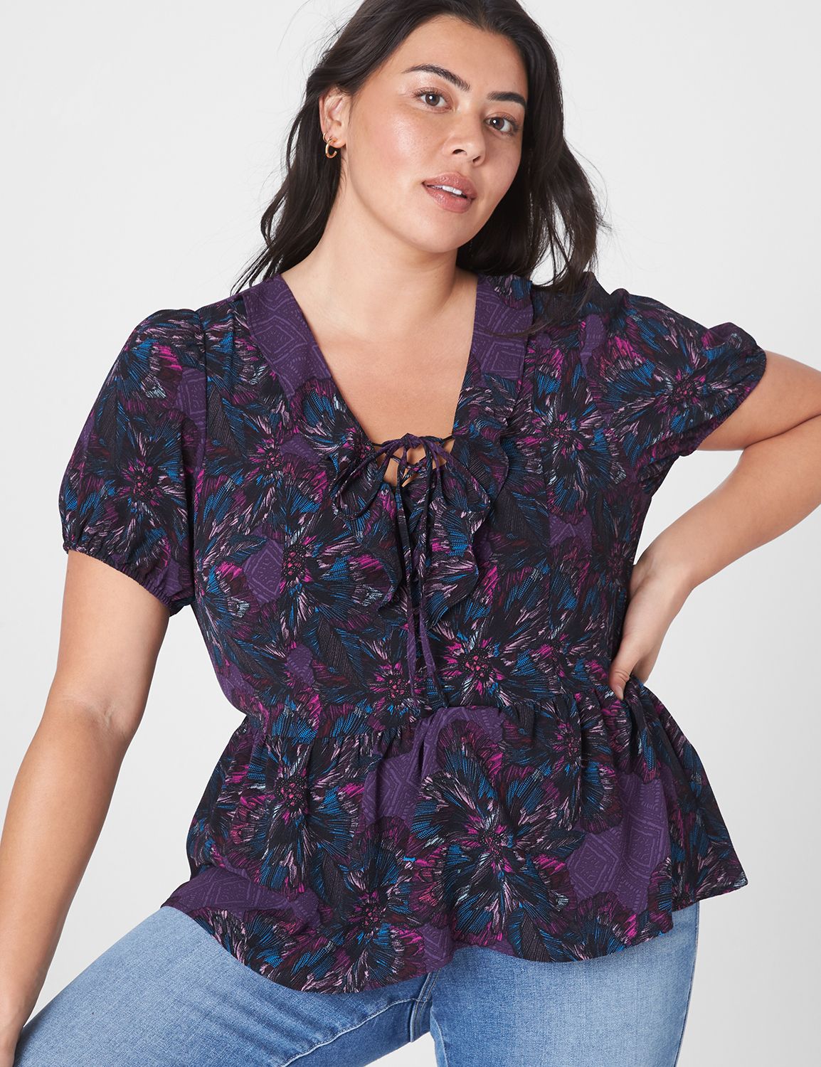 Short Puff Sleeve Lace Up Peplum Bl