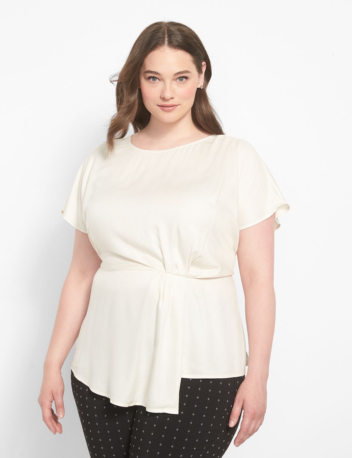 Classic Short-Sleeve Crew-Neck Drop-Shoulder Draped Peplum Blouse