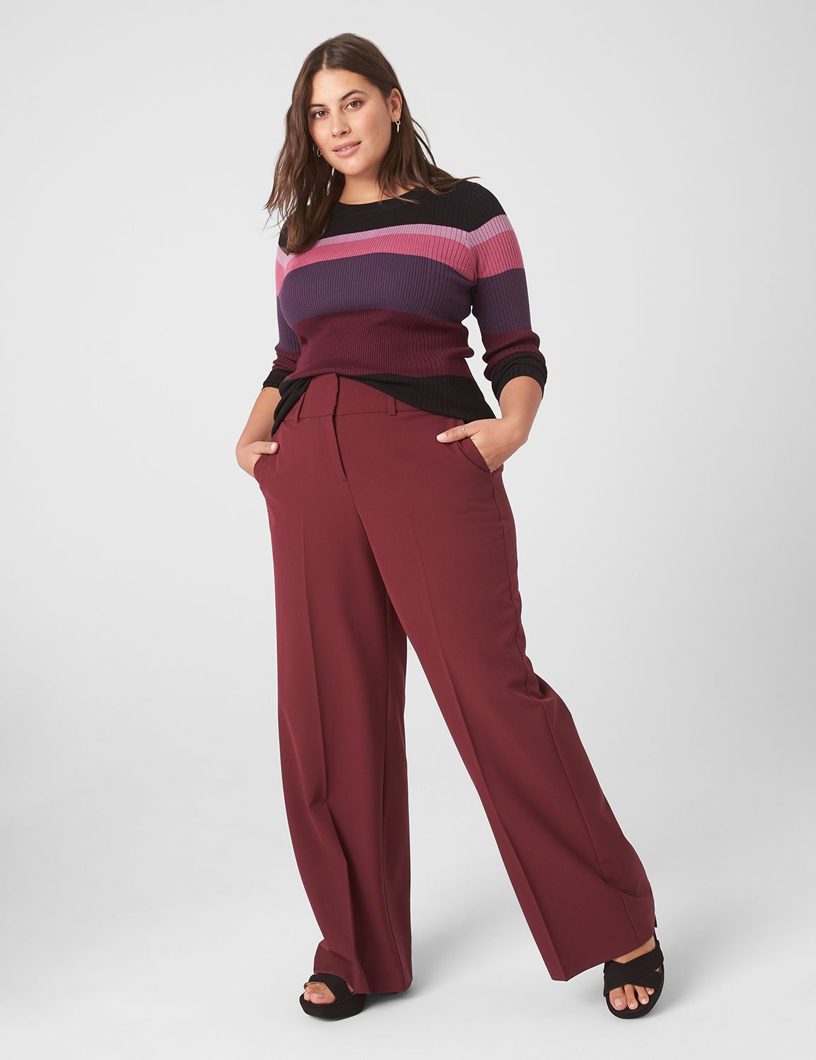 Fitted Long Sleeve Crew Neck Stripe | LaneBryant