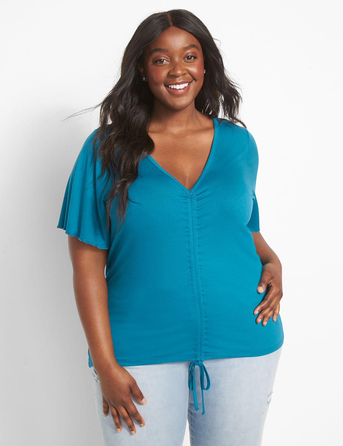 Fitted Short Flutter Sleeve V-Neck