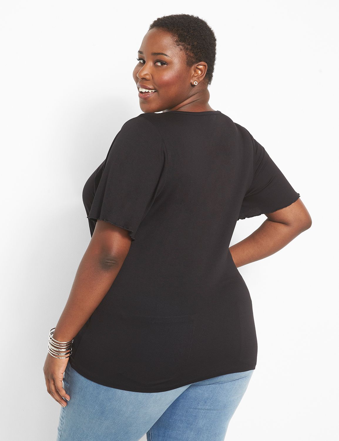 Fitted Short Flutter Sleeve V-Neck