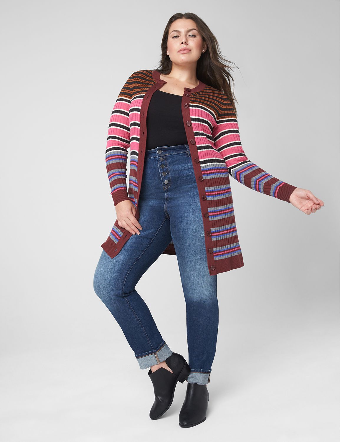 Fitted Button-Front Stripe Duster Cardigan