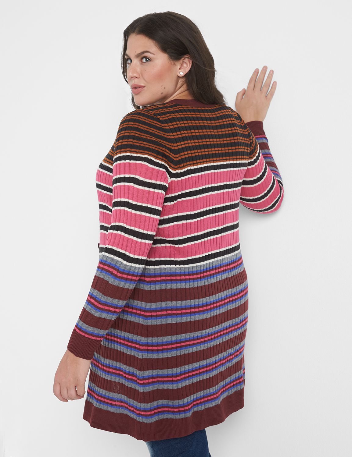 Fitted Button-Front Stripe Duster Cardigan