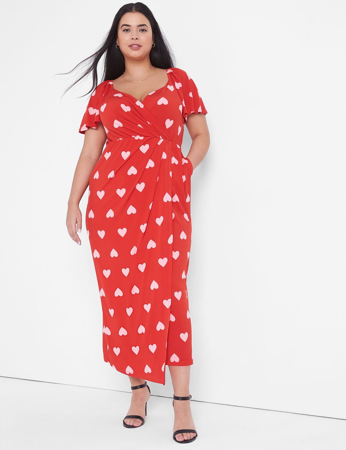Flutter-Sleeve Surplice Midi Dress