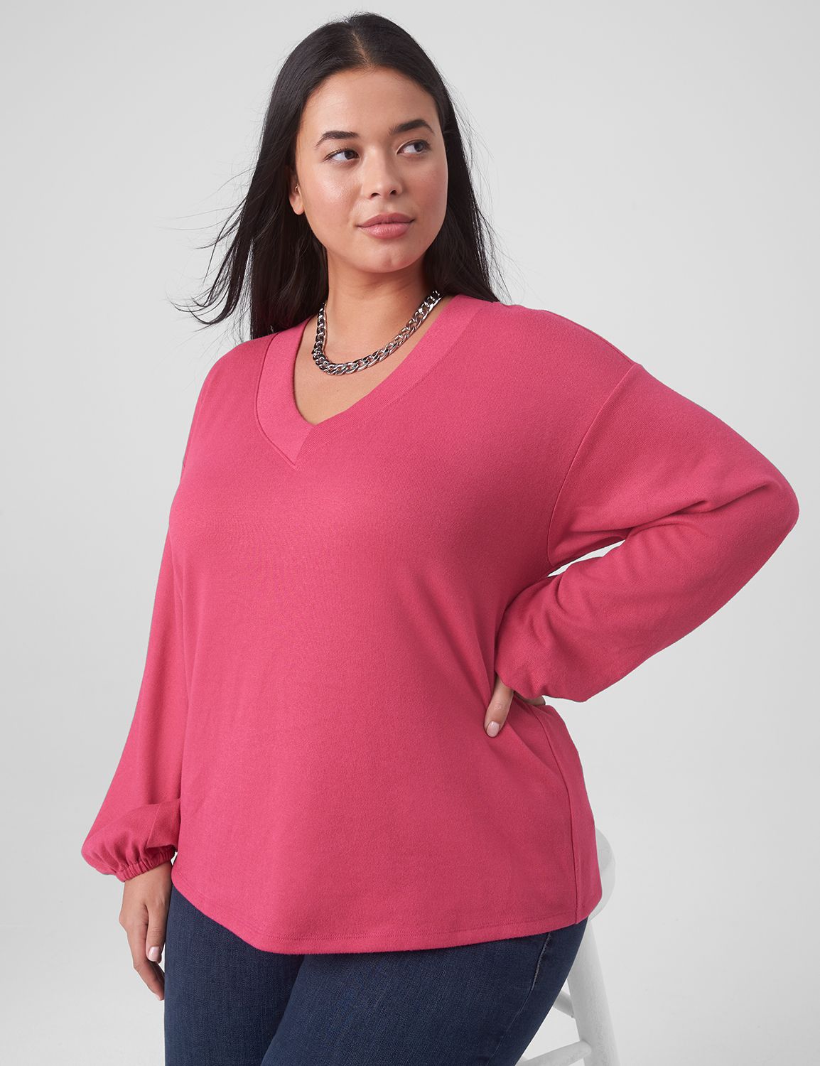 Classic Long Blouson Sleeve V Neck