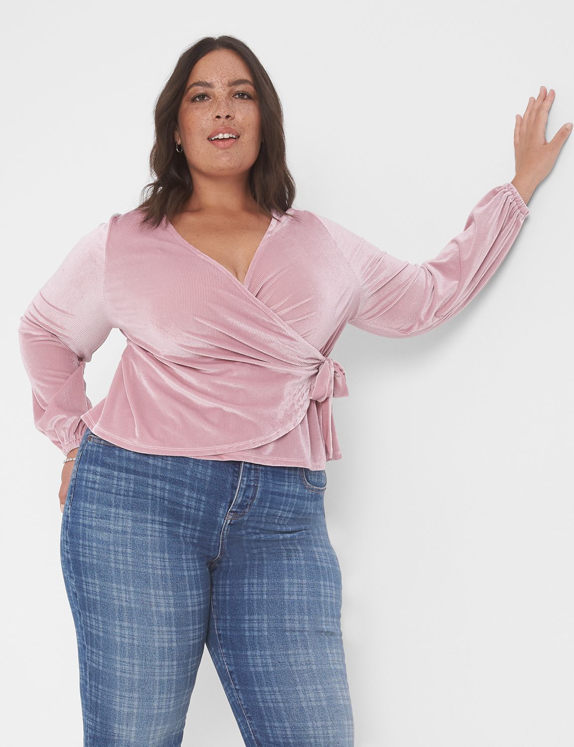 Classic Blouson-Sleeve Surplice Tie Velour Top | LaneBryant