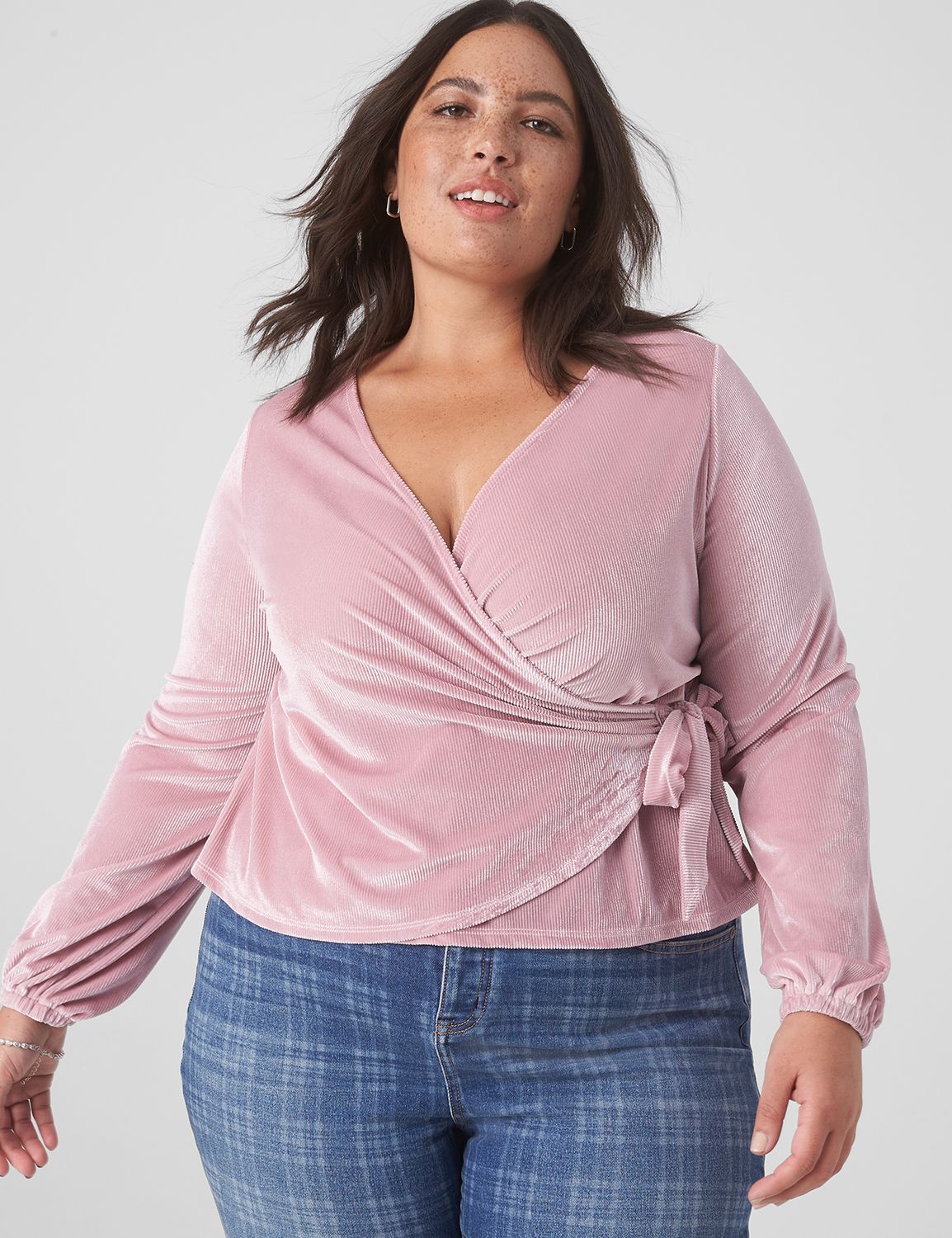 Classic Blouson-Sleeve Surplice Tie Velour Top | LaneBryant