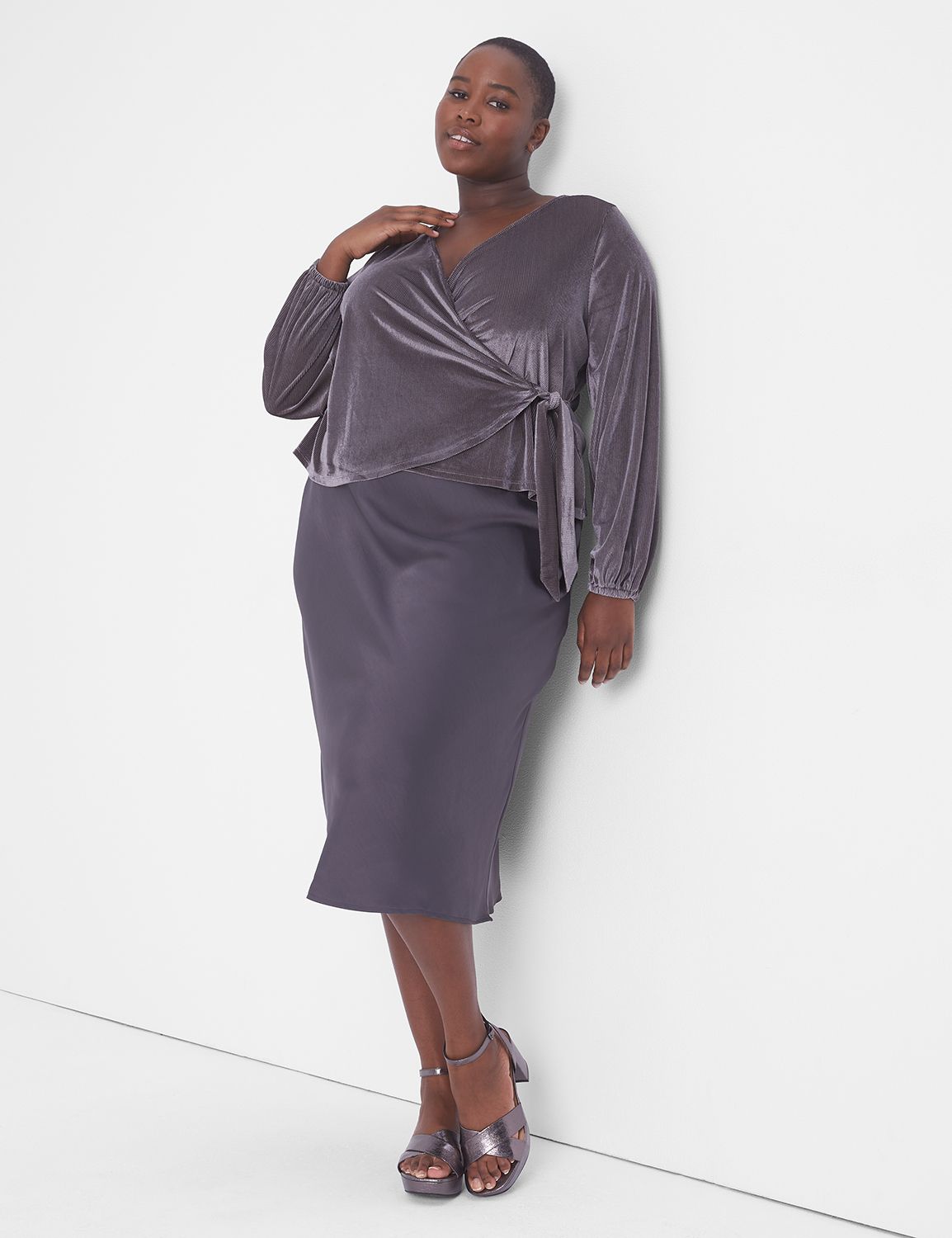 Classic Blouson-Sleeve Surplice Tie Velour Top | LaneBryant