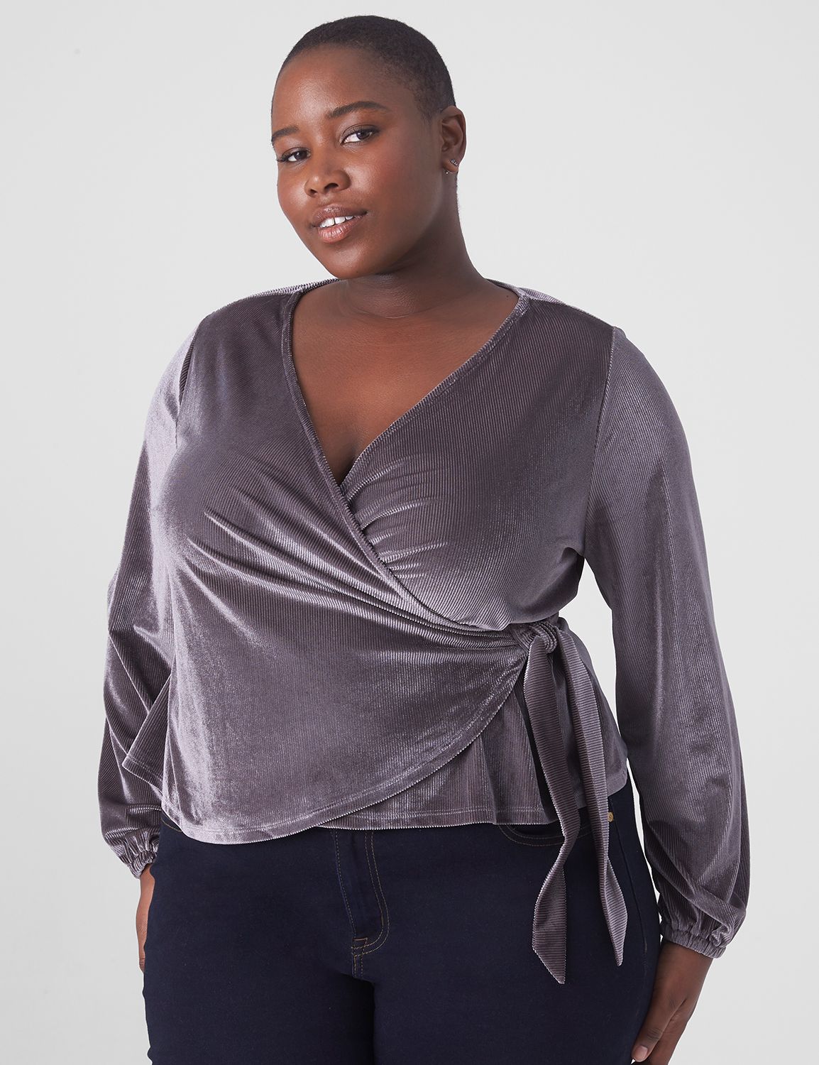 Classic Blouson-Sleeve Surplice Tie Velour Top | LaneBryant