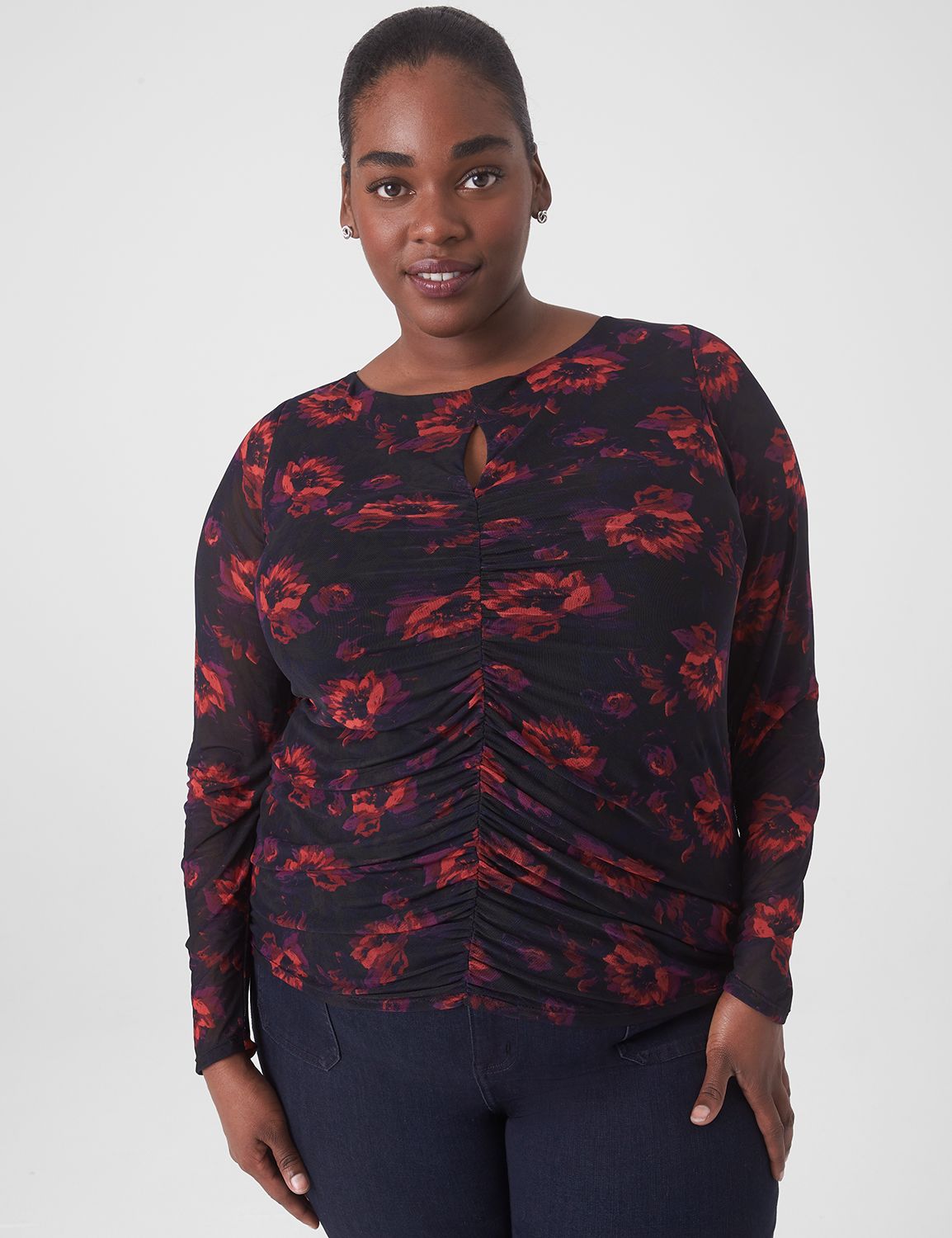 Fitted Ruched-Front Mesh Top | LaneBryant