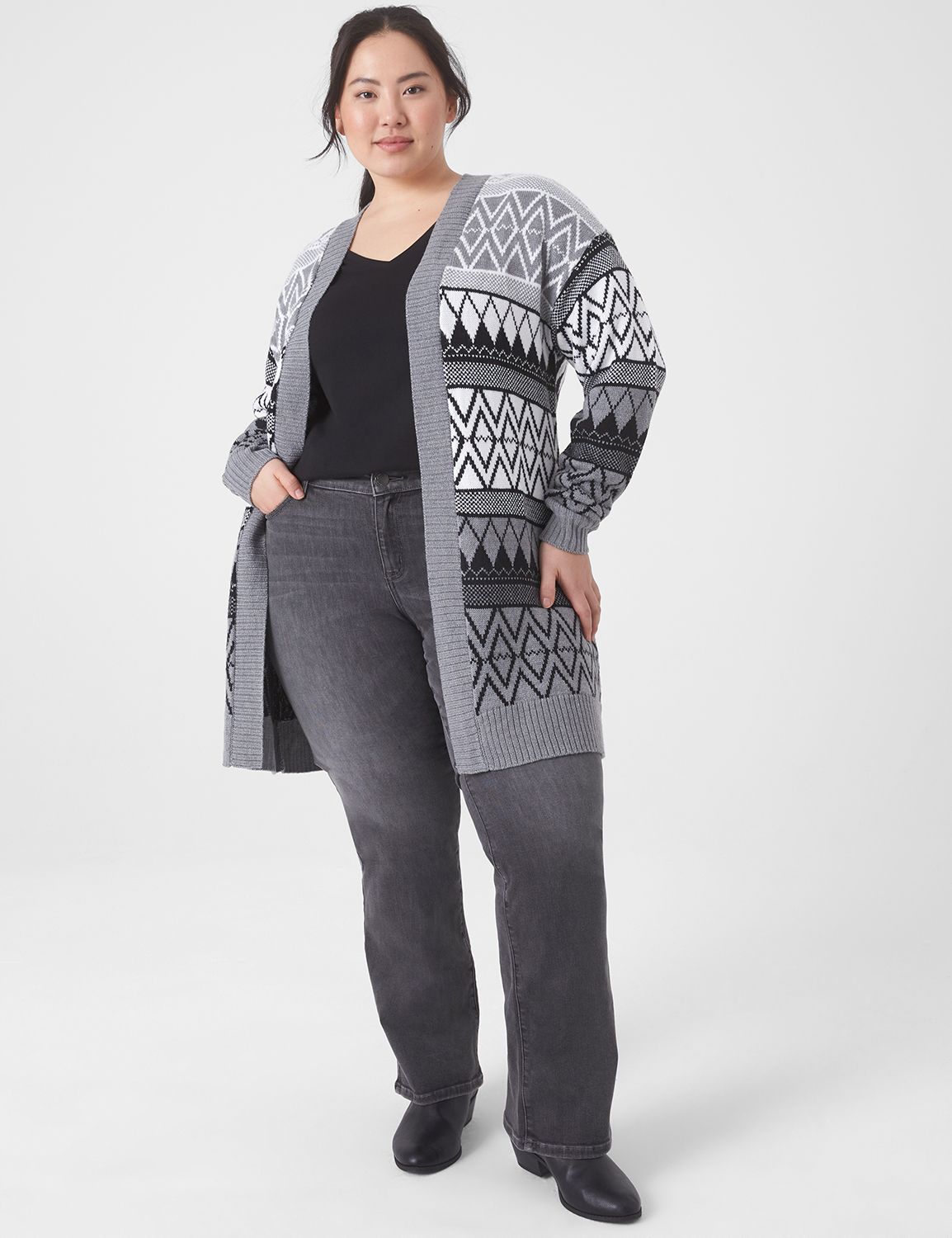 Classic Long-Sleeve Open-Front Jacquard Cardigan