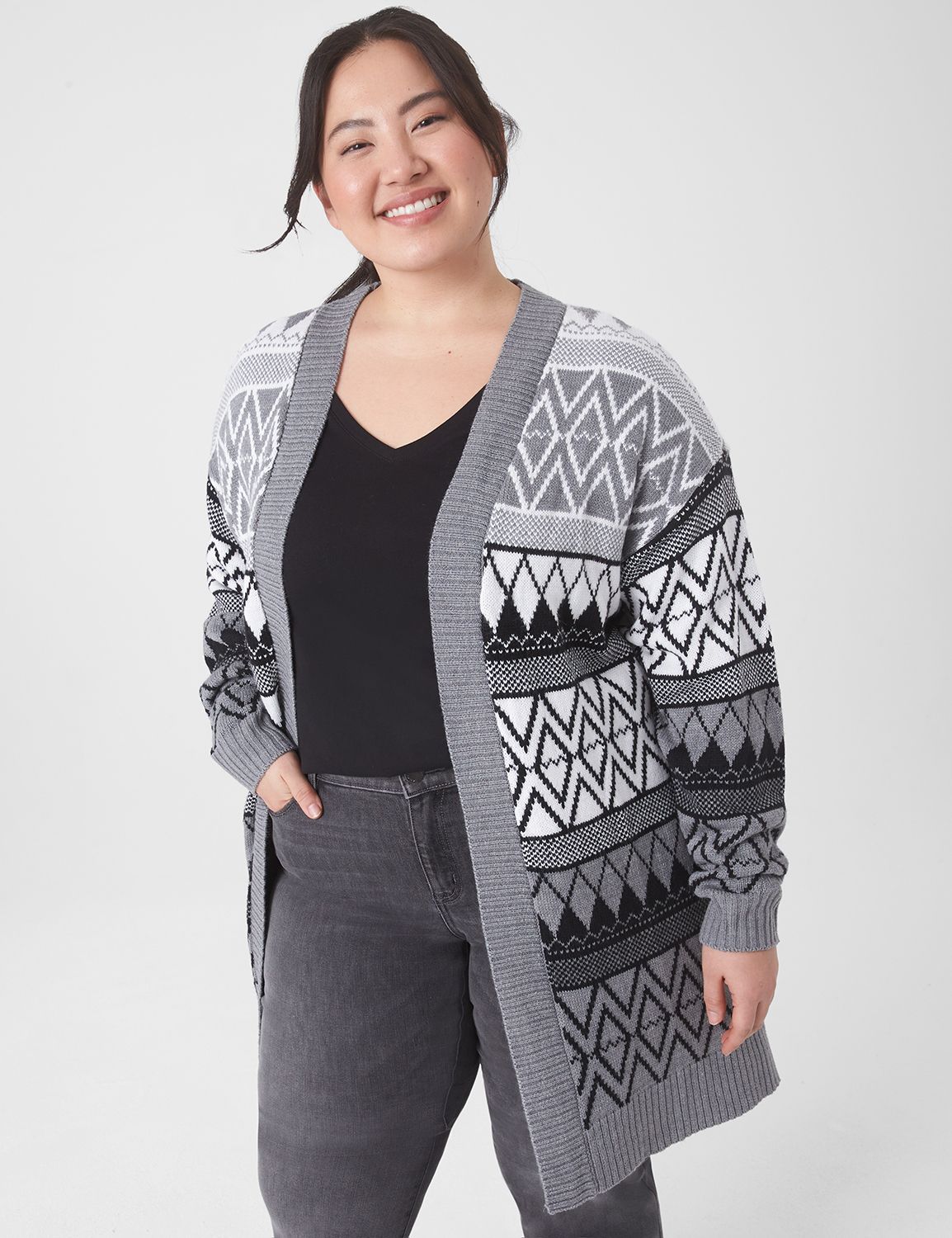 Classic Long-Sleeve Open-Front Jacquard Cardigan