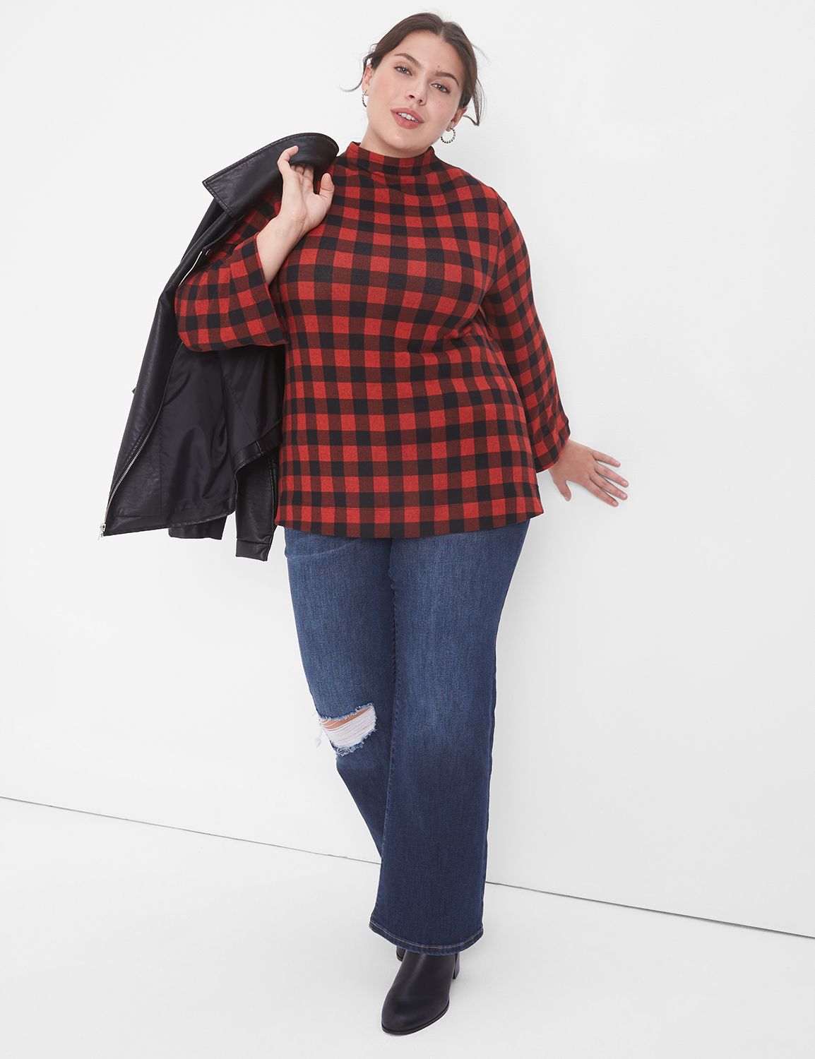 Classic Mock-Neck Plaid Hacci Knit Top