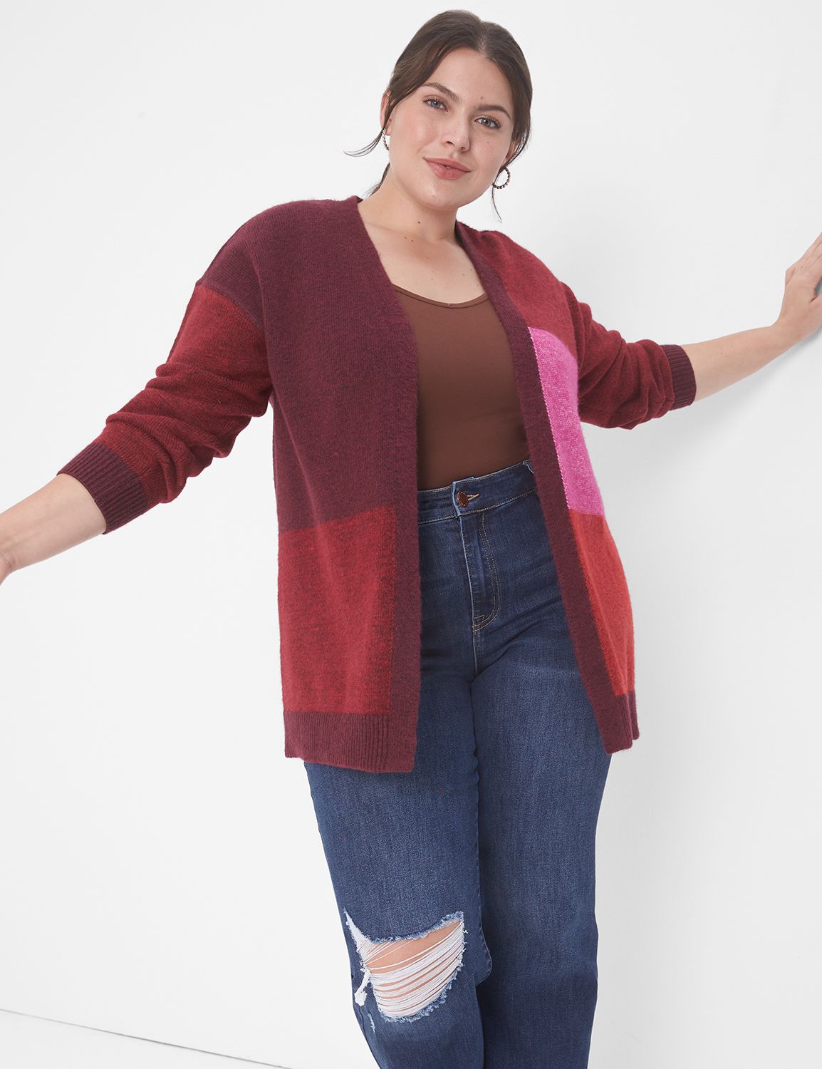 Classic Long-Sleeve Open-Front Colorblock Cardigan