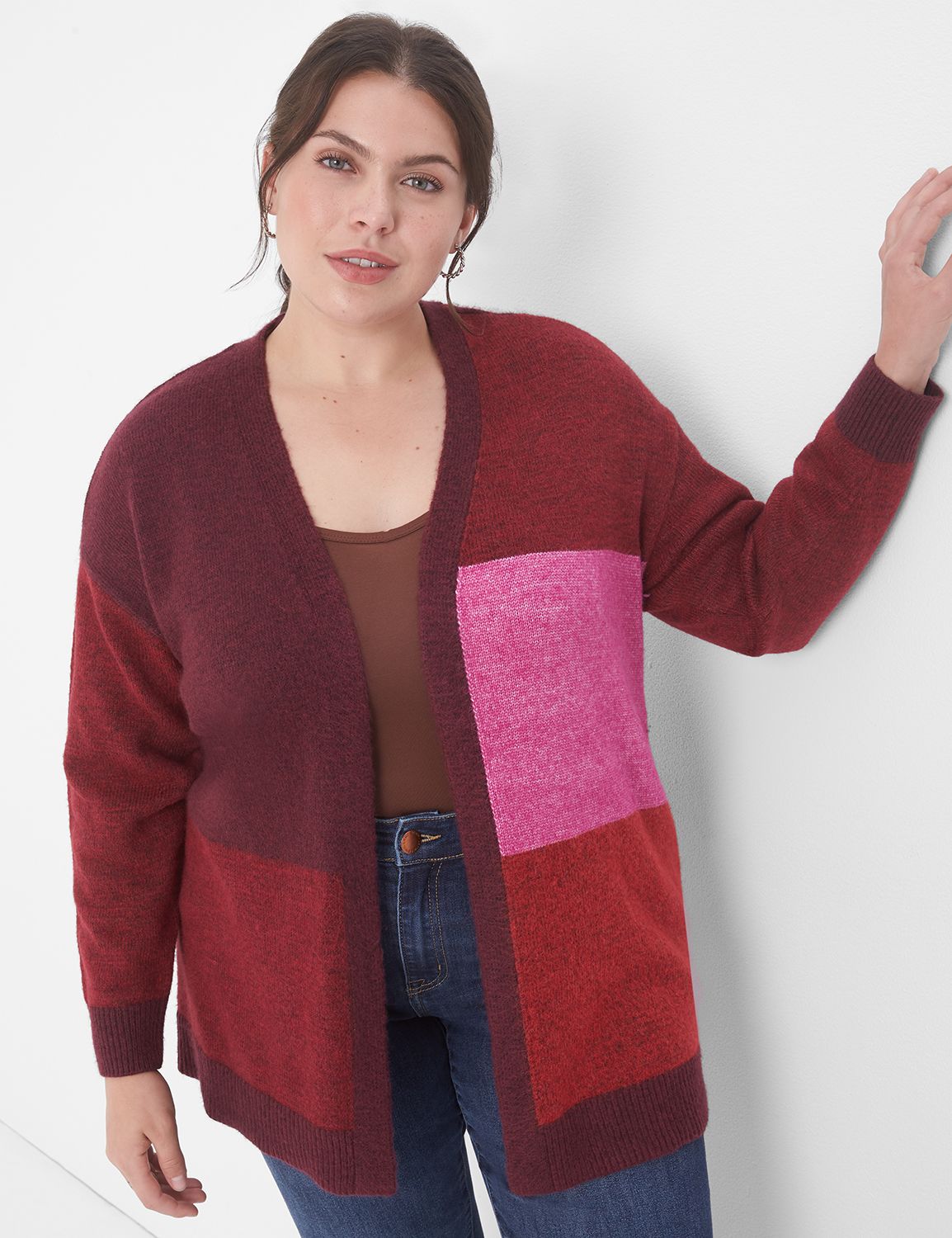 Classic Long-Sleeve Open-Front Colorblock Cardigan