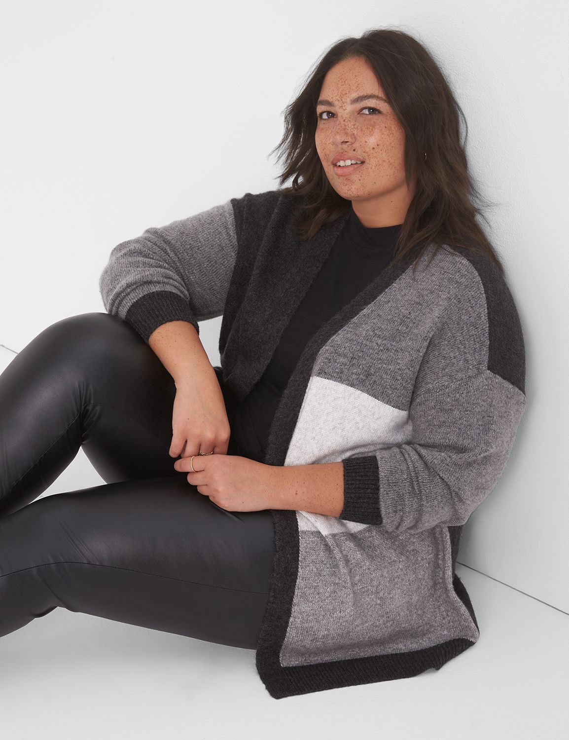 Classic Long-Sleeve Open-Front Colorblock Cardigan