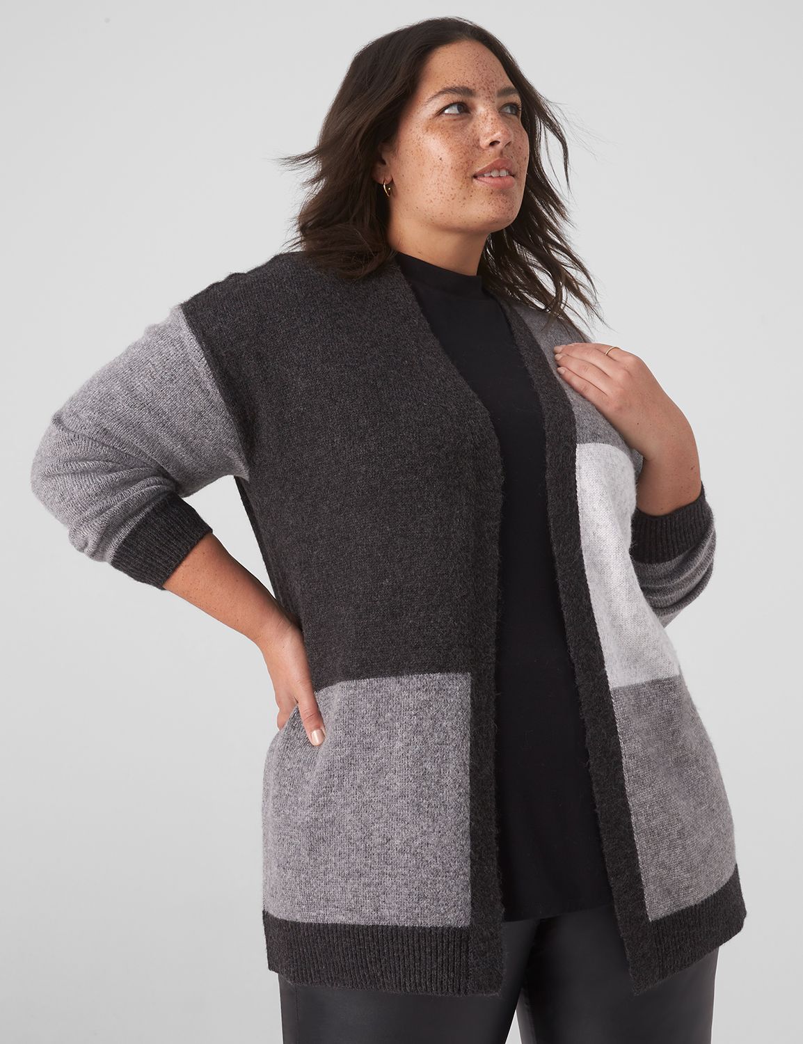 Classic Long-Sleeve Open-Front Colorblock Cardigan