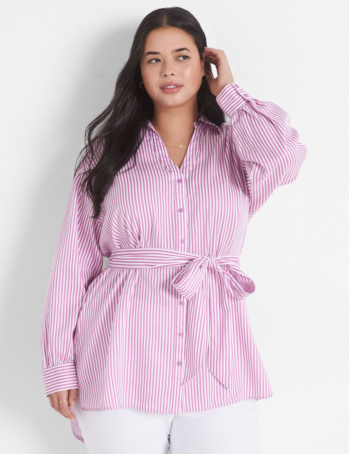 Belted Button Down Long Sleeve Tuni | LaneBryant