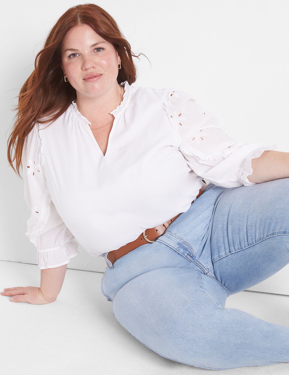 Classic Split-Neck Eyelet Mix Top | LaneBryant