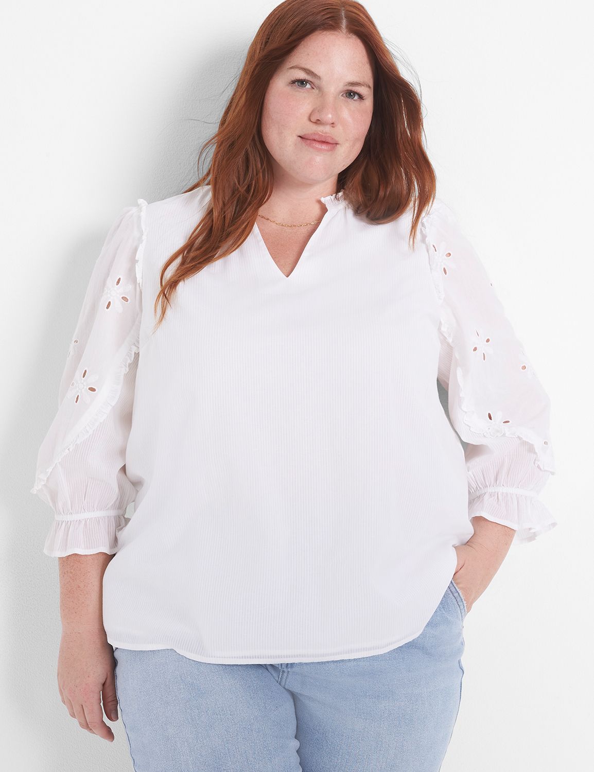 Classic Split-Neck Eyelet Mix Top | LaneBryant
