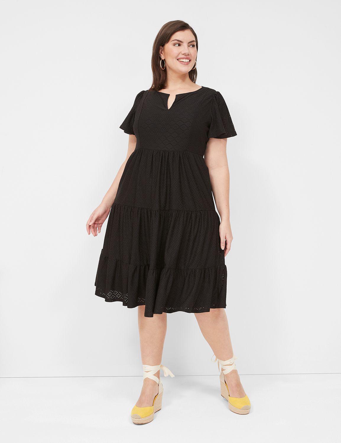 Split Crew-Neck Tiered Knit Eyelet Dress | LaneBryant