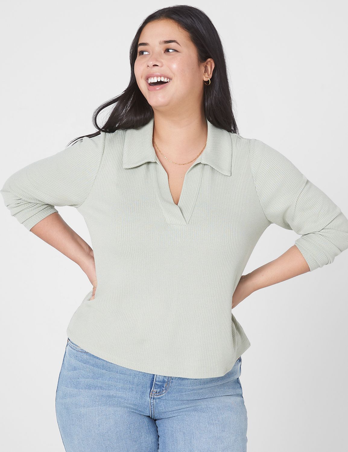 Classic Crop V-Neck Polo Rib Tee | LaneBryant