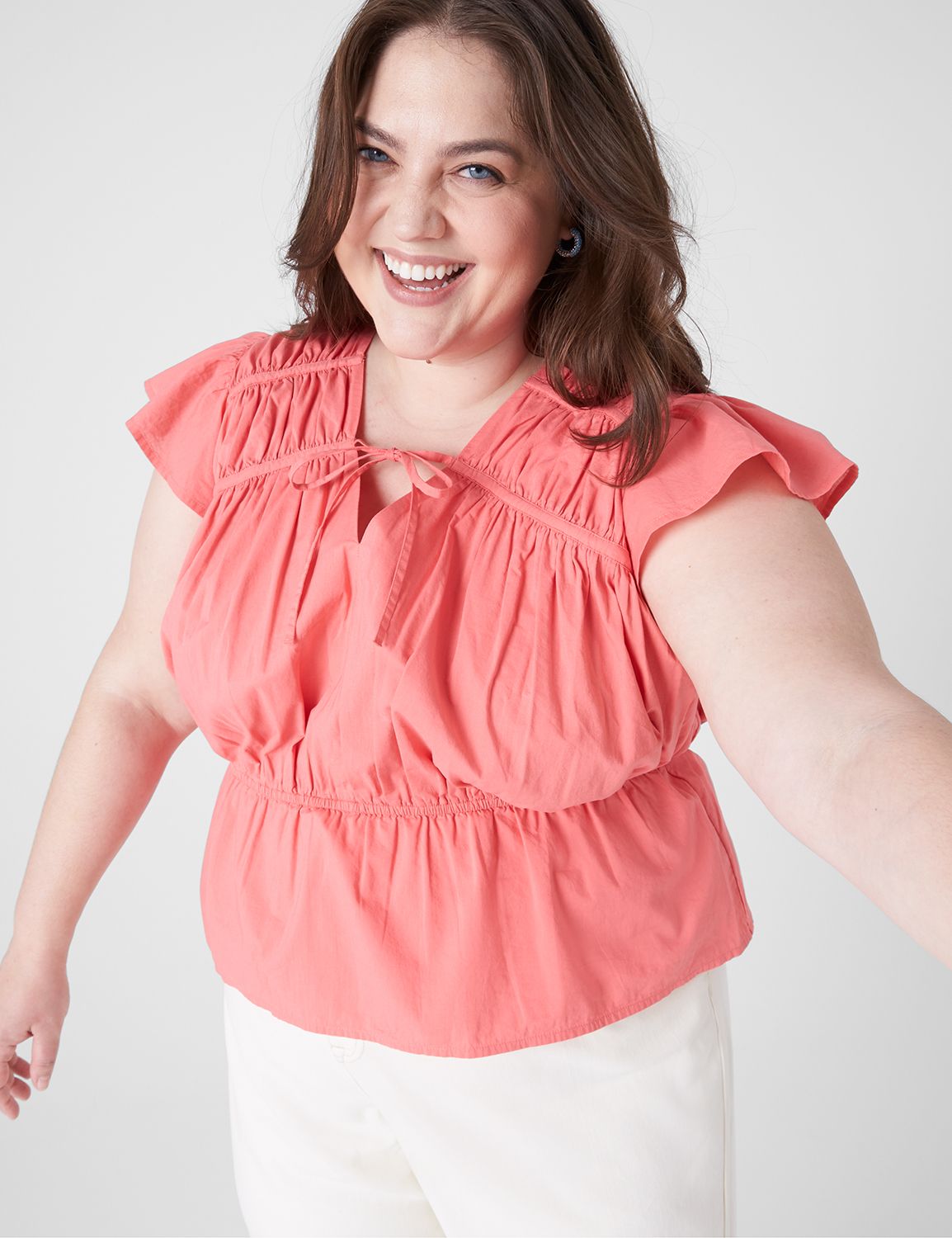 Crop Flutter-Sleeve Tie V-Neck Top | LaneBryant