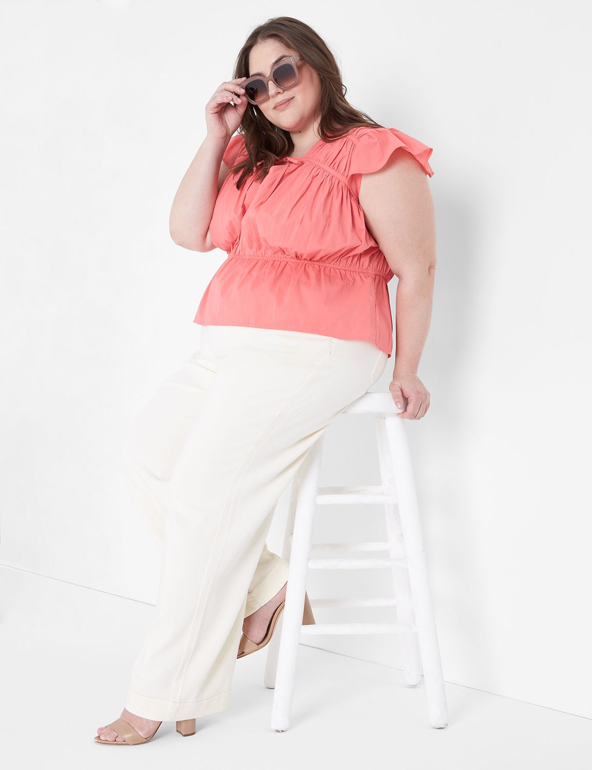 Crop Flutter-Sleeve Tie V-Neck Top | LaneBryant