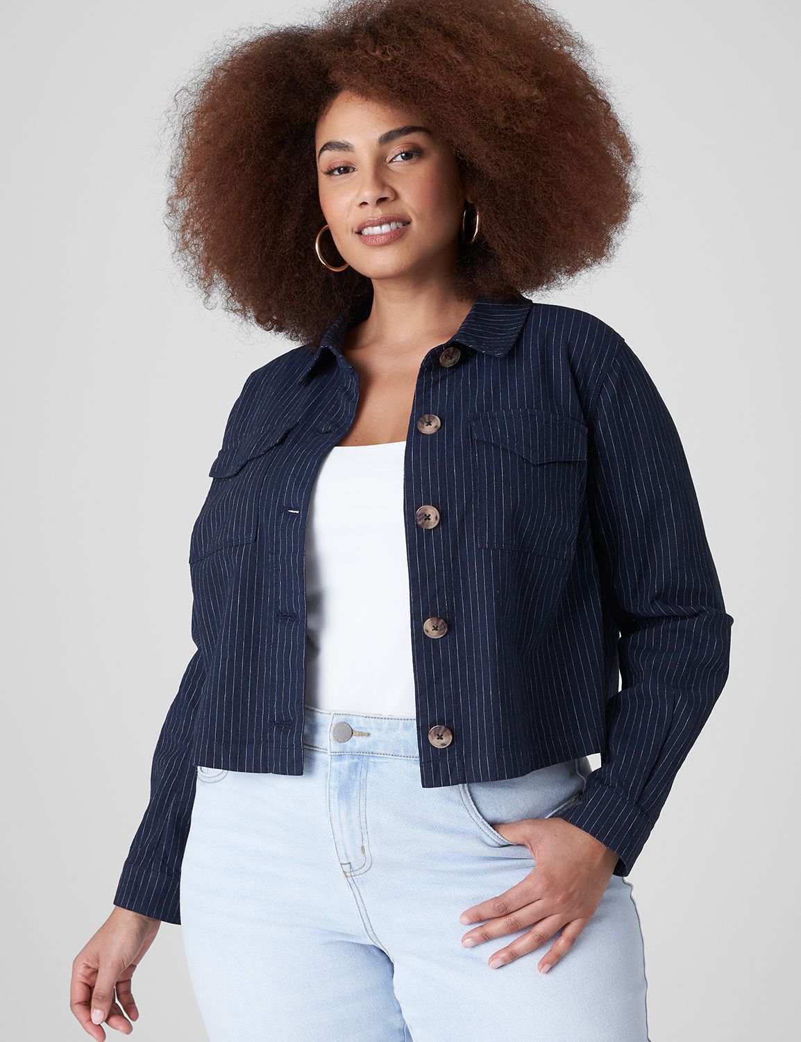Linen Striped Cropped Jacket 113404 | LaneBryant