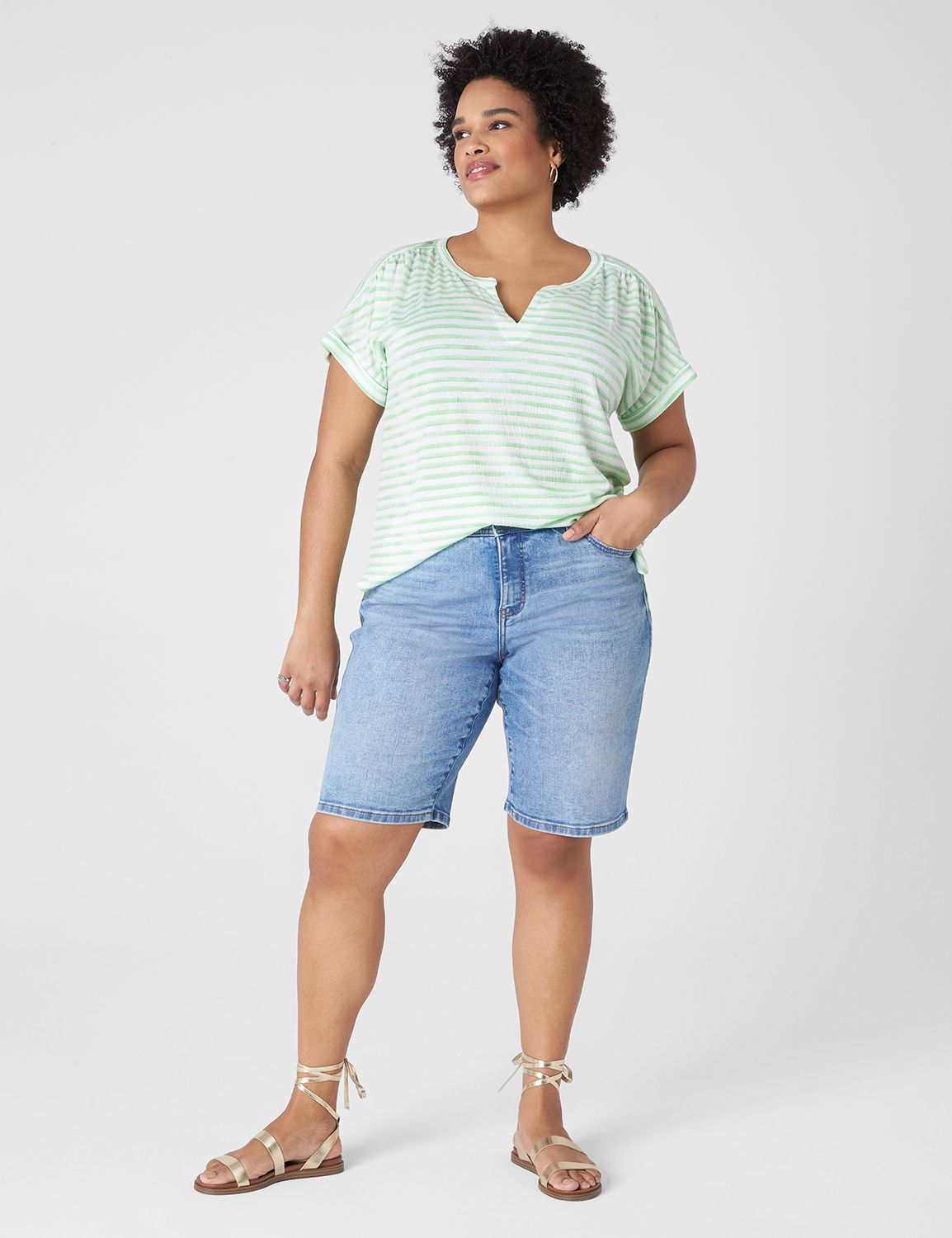 Relaxed Cap-Sleeve Notch-Neck Texture Knit Top | LaneBryant