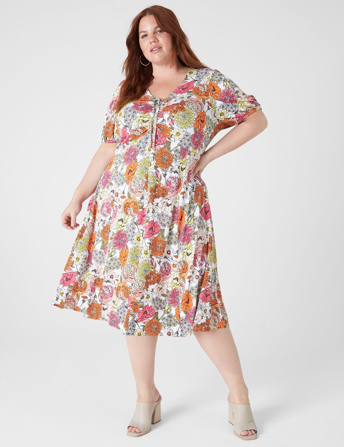 Short Puff Sleeve V Neck Ruched Fro | LaneBryant