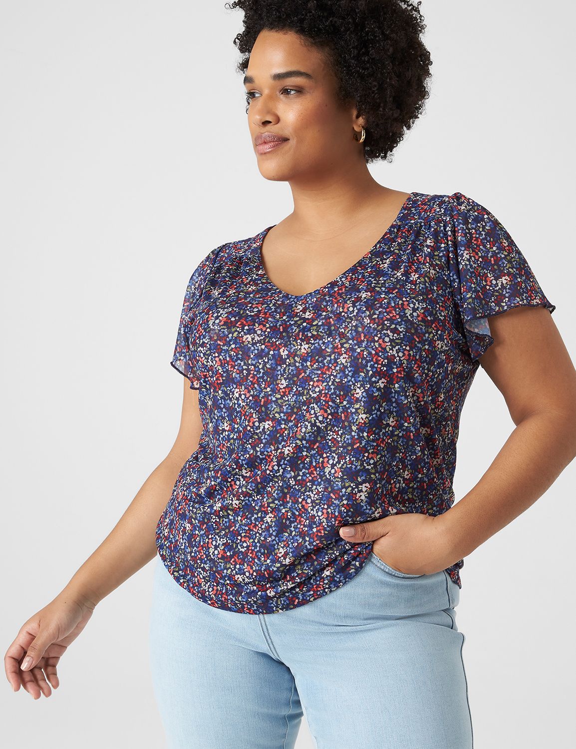 Classic Short Flutter Sleeve V-Neck