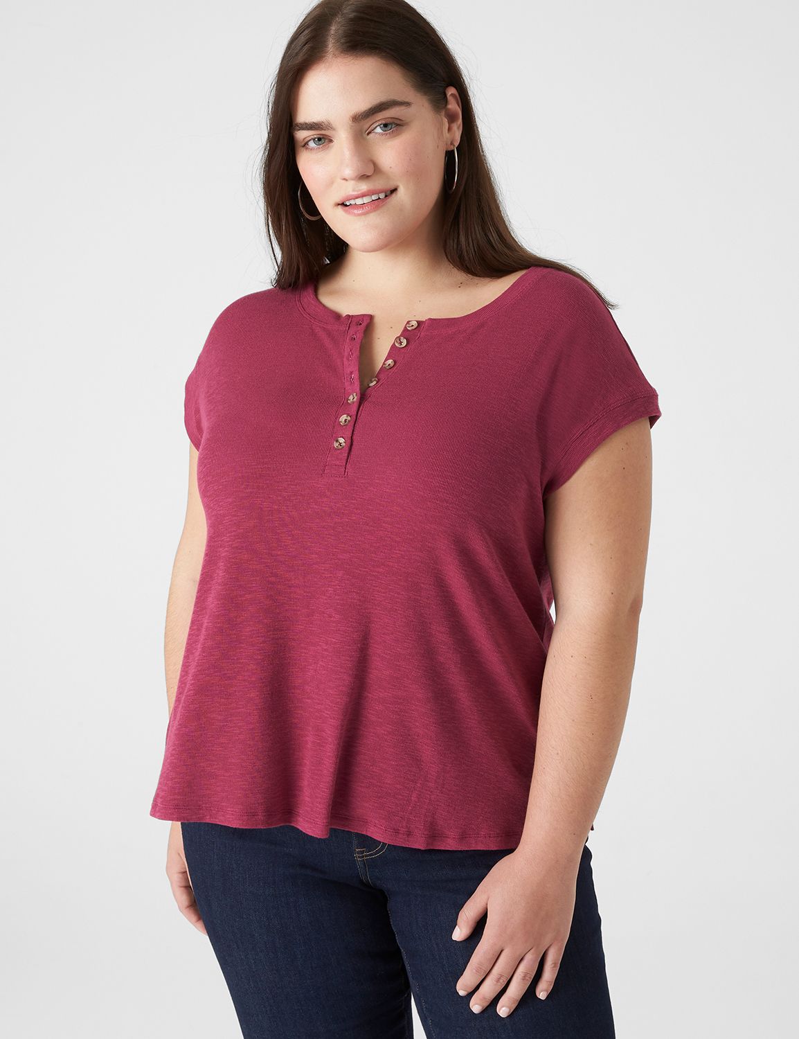 Classic Cap Sleeve Crew Neck Henley | LaneBryant