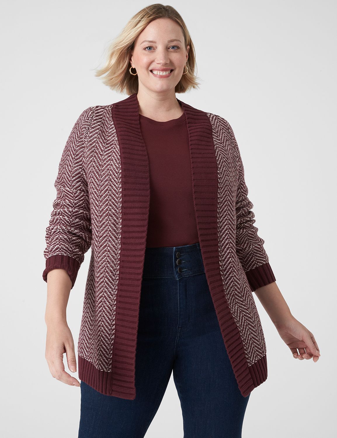 Long-Sleeve Open-Front Jacquard Cardigan | LaneBryant