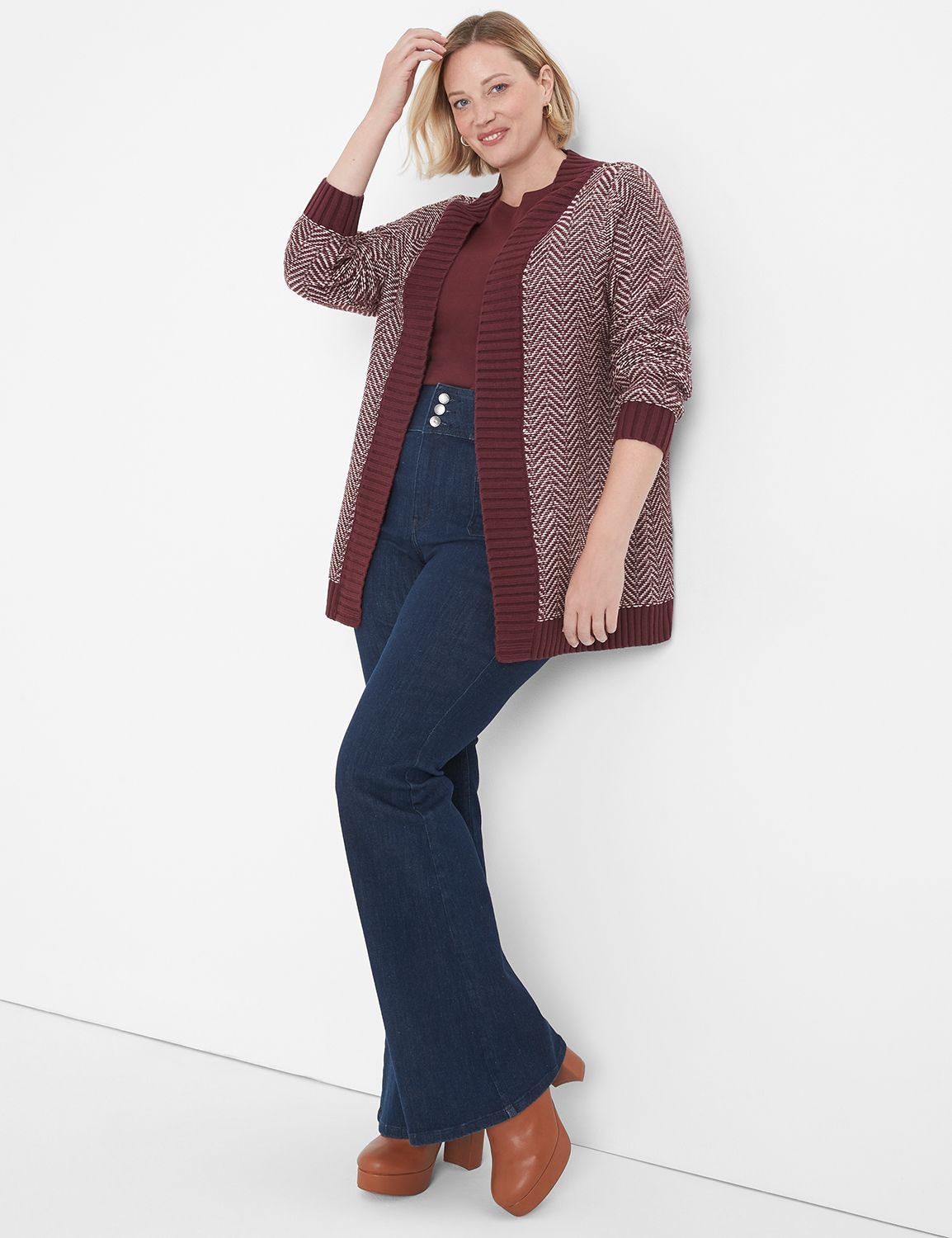 Long-Sleeve Open-Front Jacquard Cardigan | LaneBryant