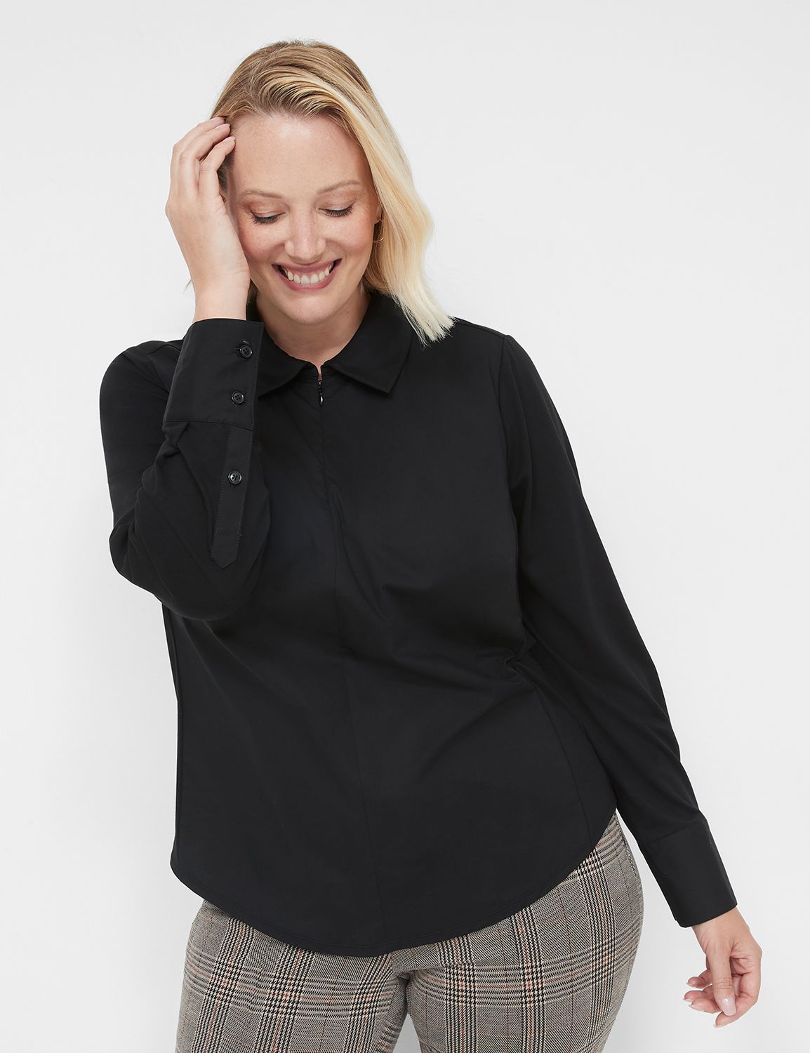Tailored Long Sleeve Collared Zip F | LaneBryant