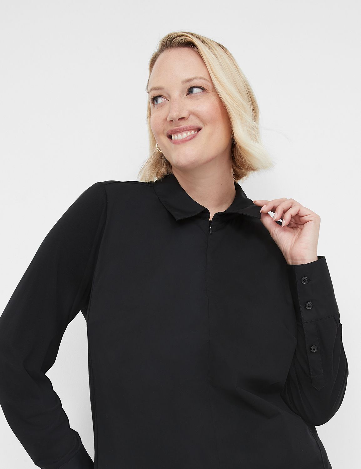 Tailored Long Sleeve Collared Zip F | LaneBryant