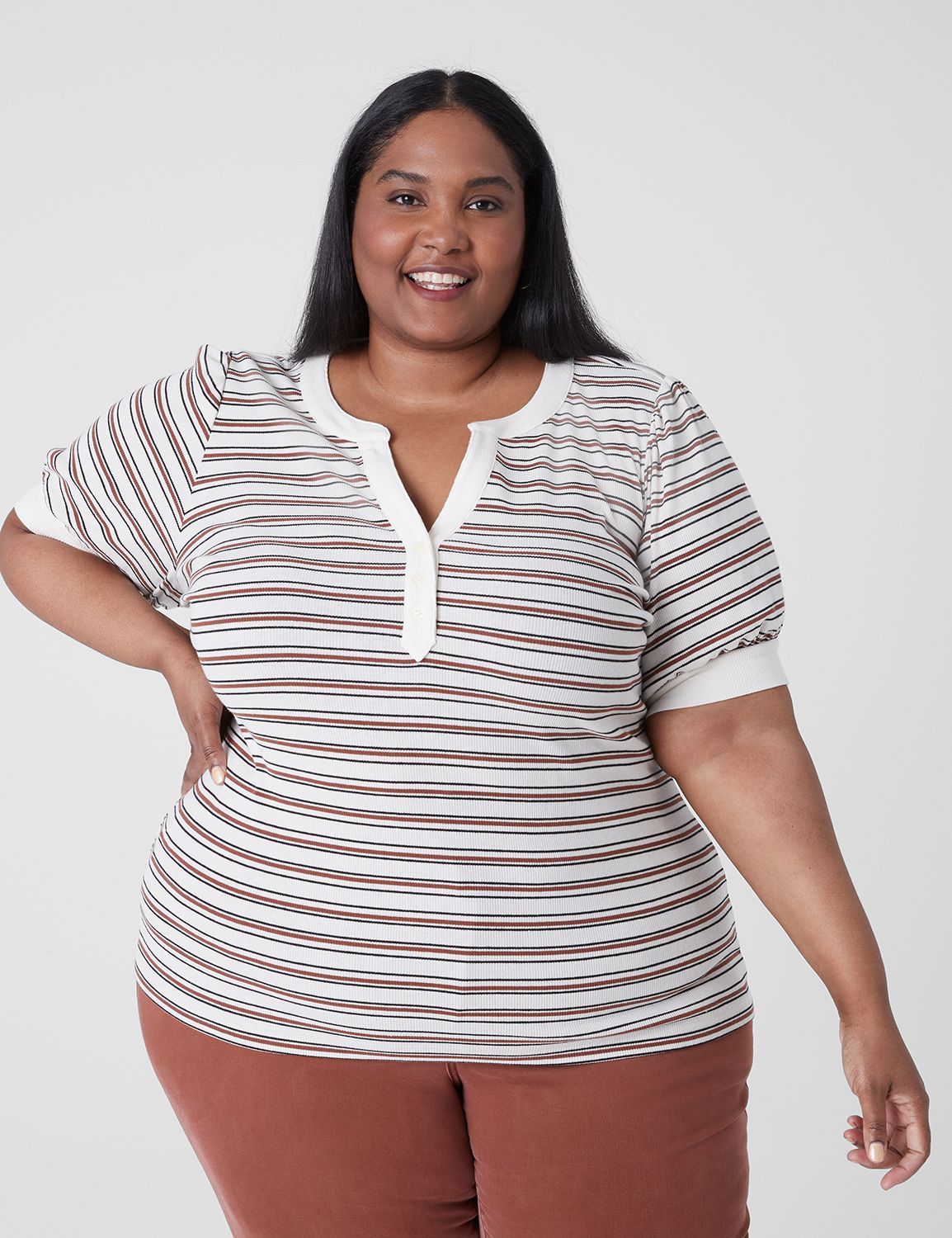 Elbow Puff-Sleeve Henley Rib Tee | LaneBryant