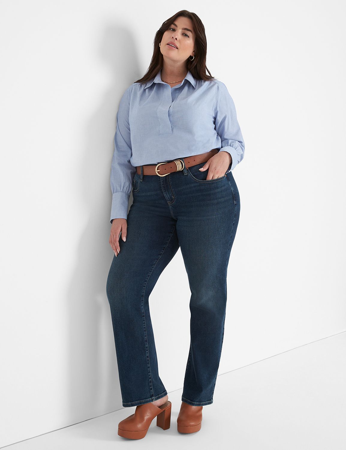 Long Sleeve Collared Wide Placket P | LaneBryant