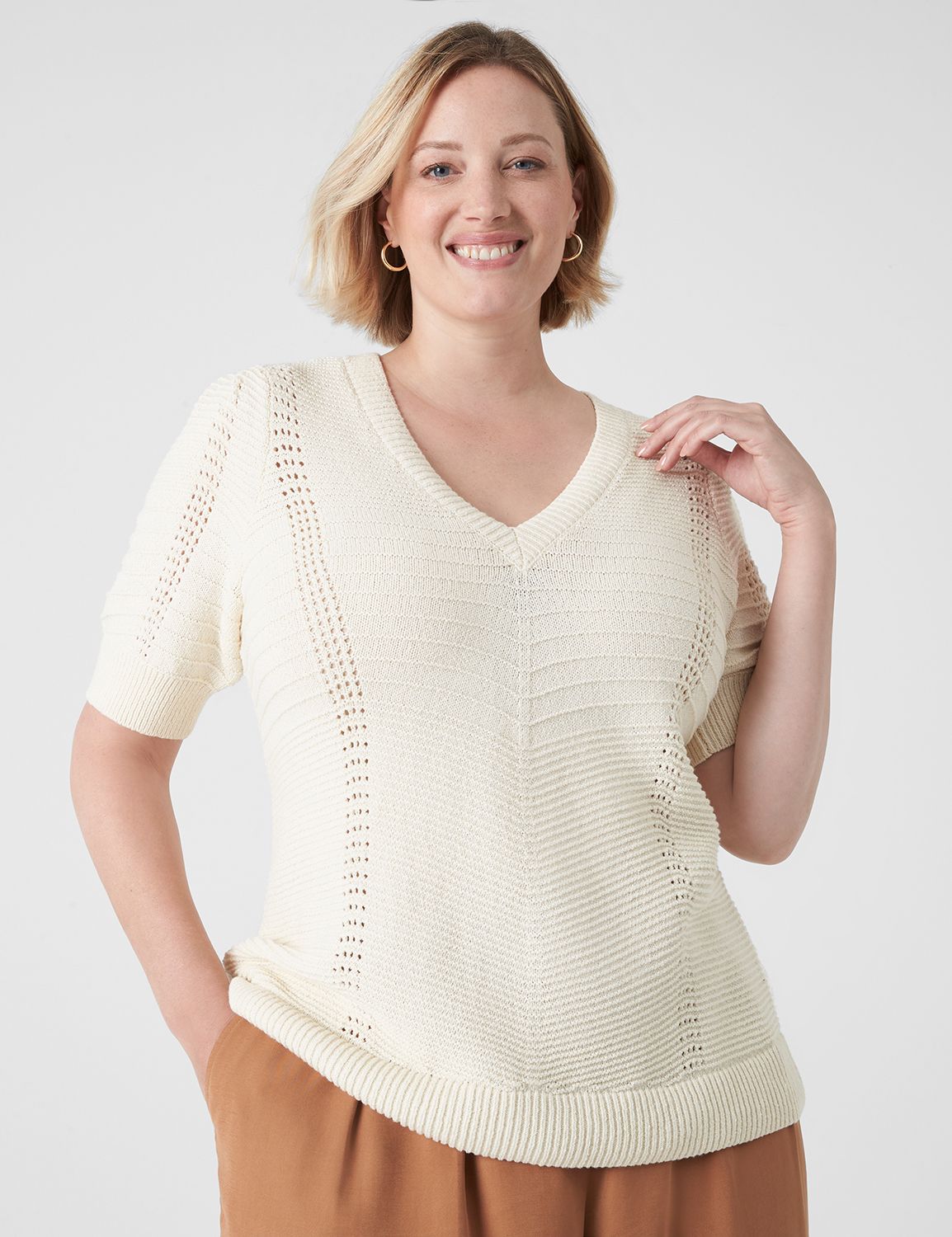 Classic Elbow Puff Sleeve V-Neck Sw | LaneBryant