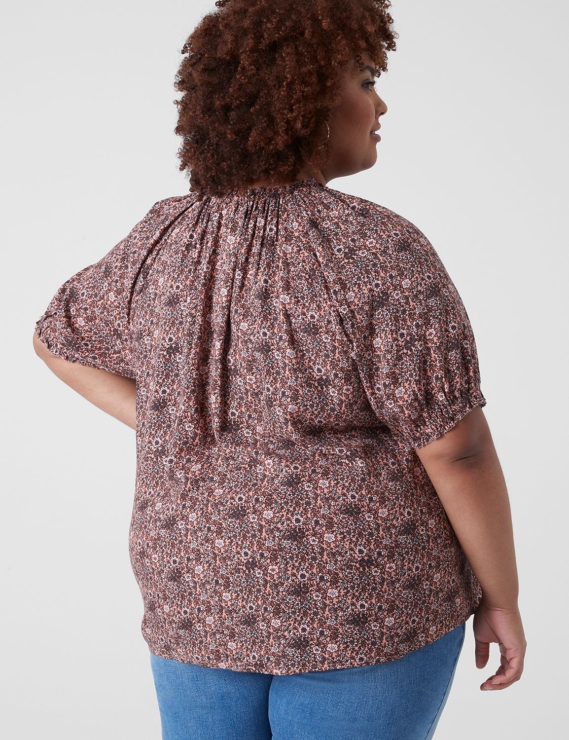 Puff-Sleeve Crew-Neck Pintuck Blouse