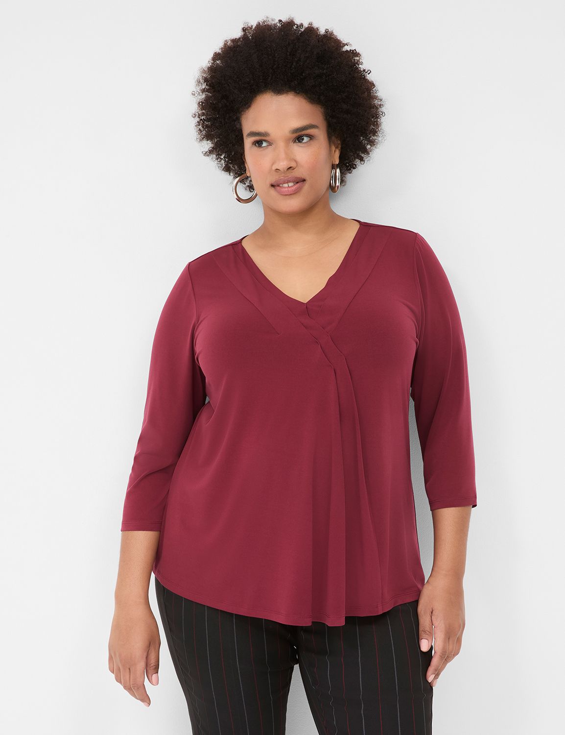 Swing 3/4 Sleeve V Neck Pleat Front | LaneBryant